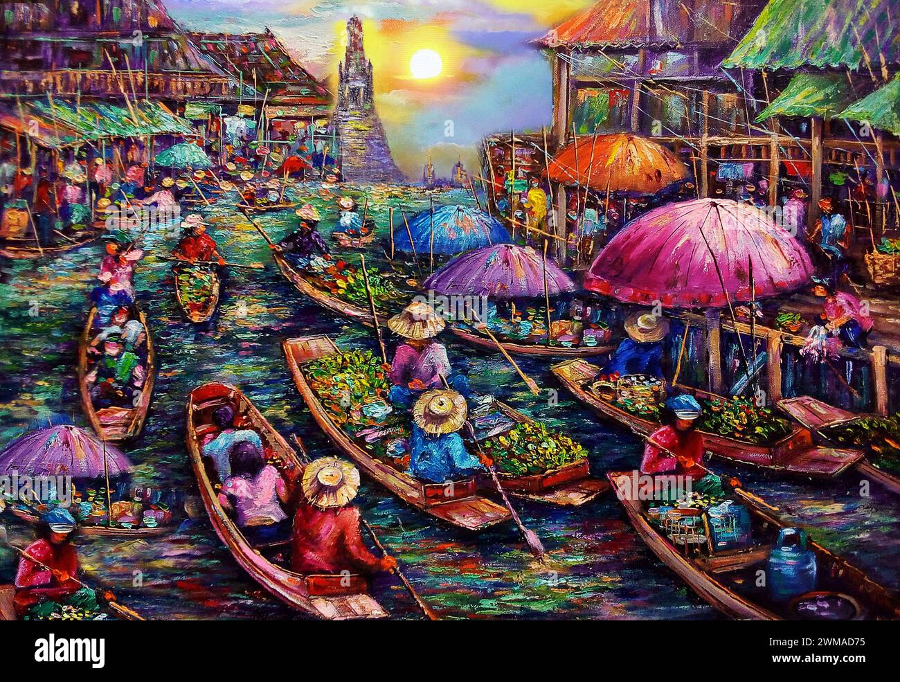 Hand drawn Art painting Oil color Floating market dumnoen saduak ...