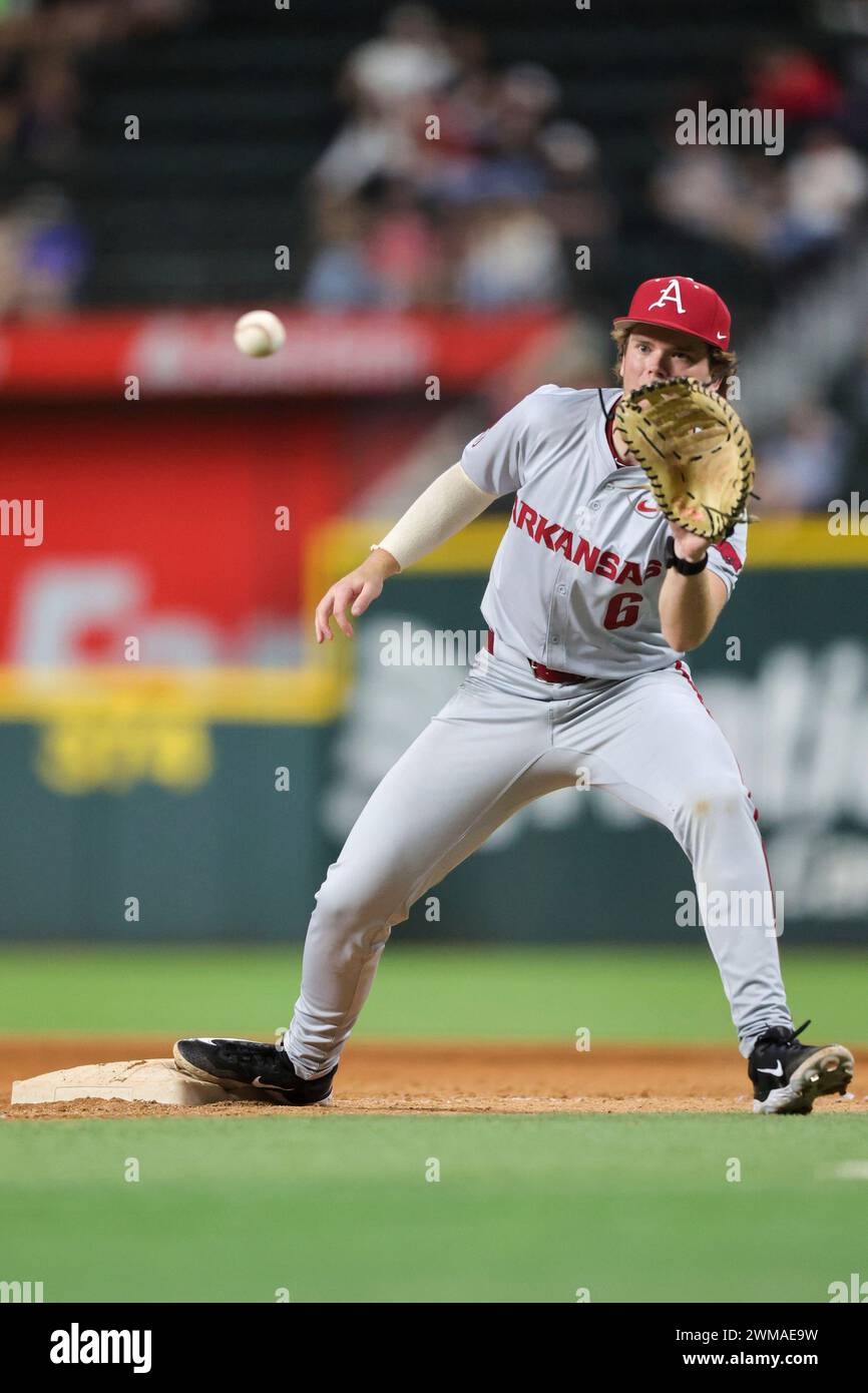February 24, 2024: Ben McLaughlin #6 Arkansas first baseman steps to ...