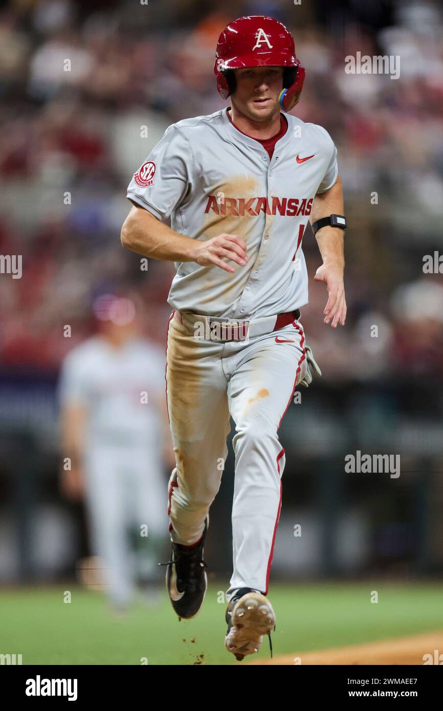 February 24, 2024: Ty Wilmsmeyer #1 of Arkansas comes down the third ...