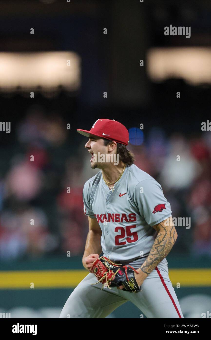 February 24, 2024: Brady Tygart #26 Arkansas pitcher pumps his fist as ...