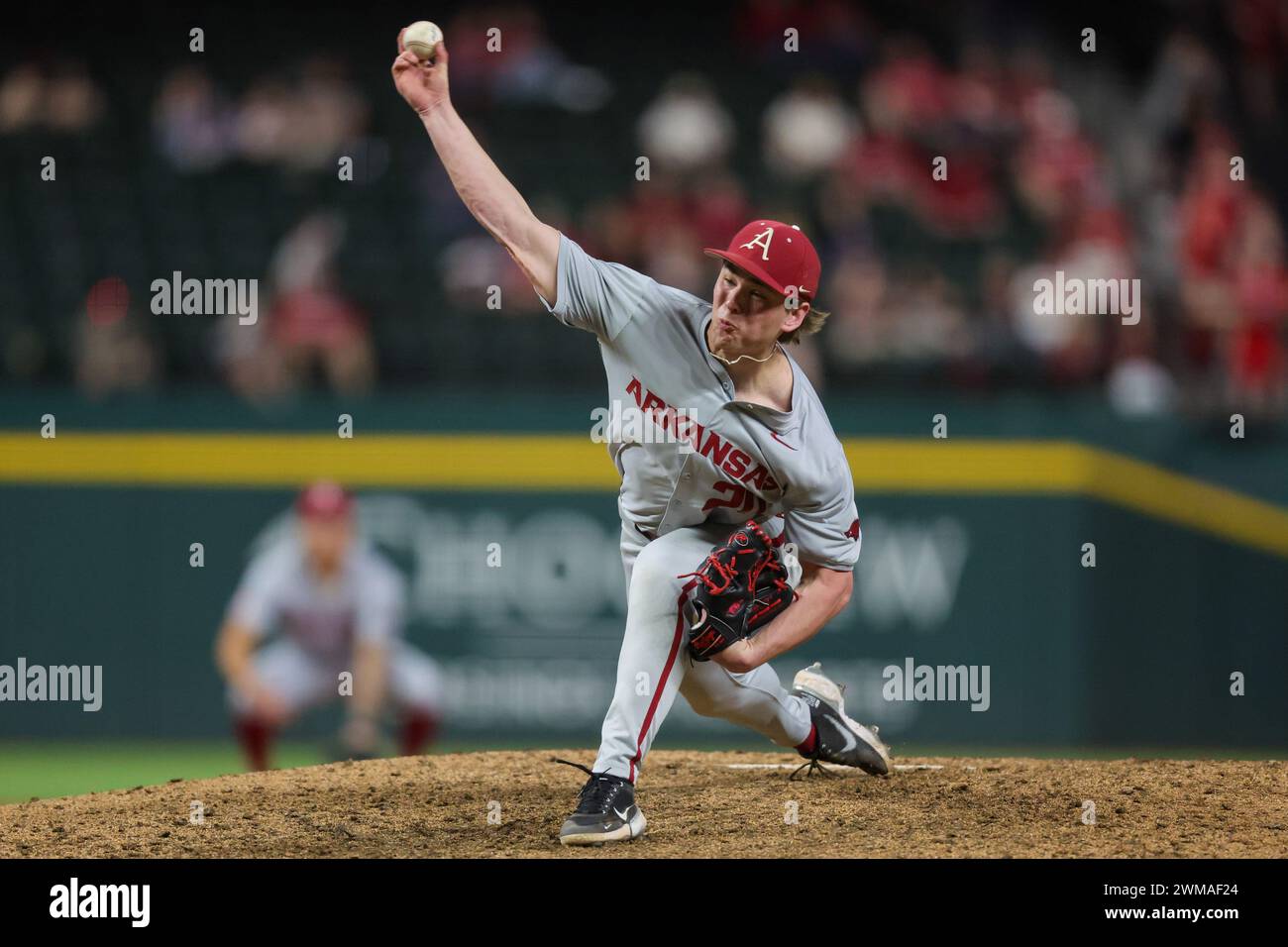 February 24, 2024: Razorback pitcher Gabe Gaeckle #20 comes towards the ...
