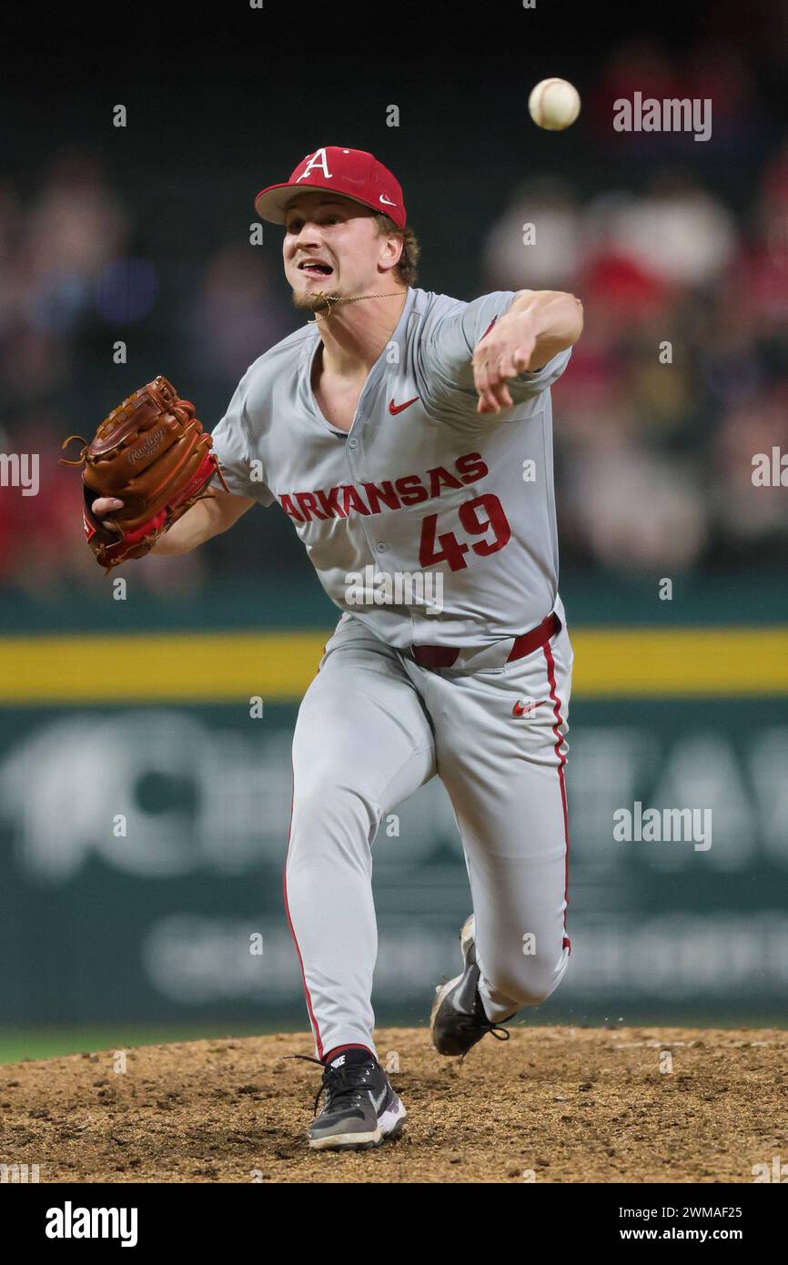 February 24, 2024: Razorback relief pitcher Stone Hewlett #49 releases ...