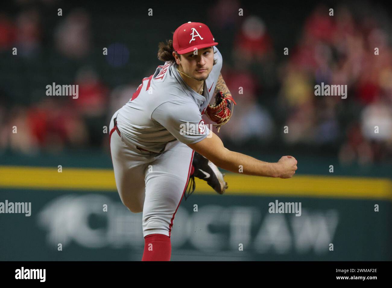 February 24, 2024: Razorback pitcher Brady Tygart #25 follows through ...