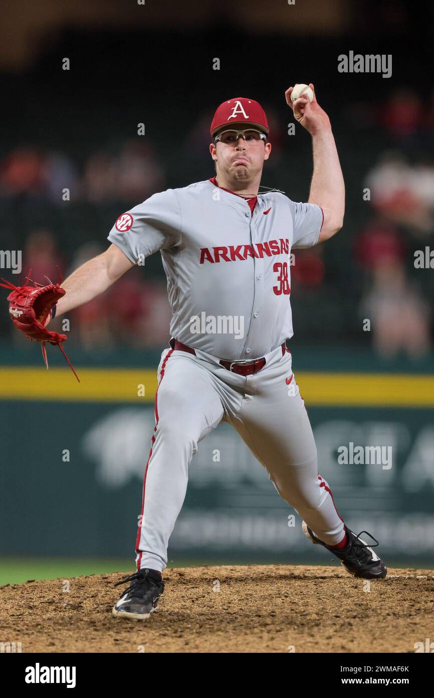 February 24, 2024: Arkansas pitcher Colin Fisher #38 prepares to ...