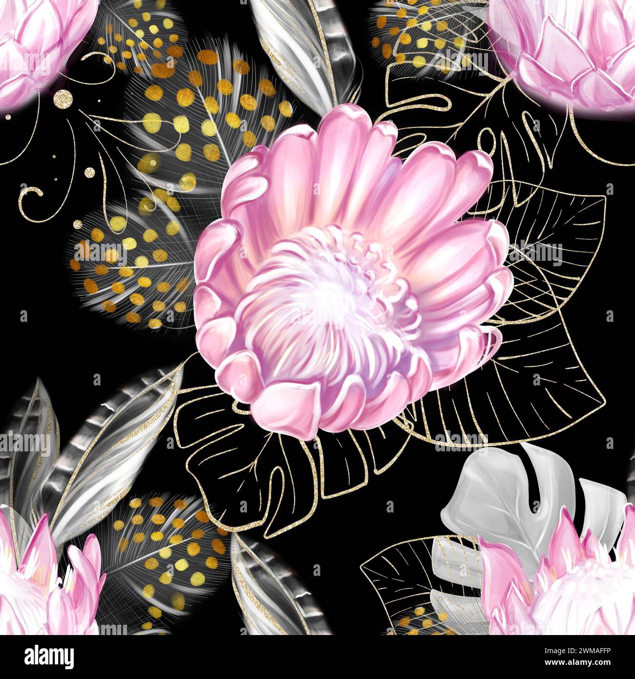 Seamless pattern of pink protea, gold leaves, feathers on black ...