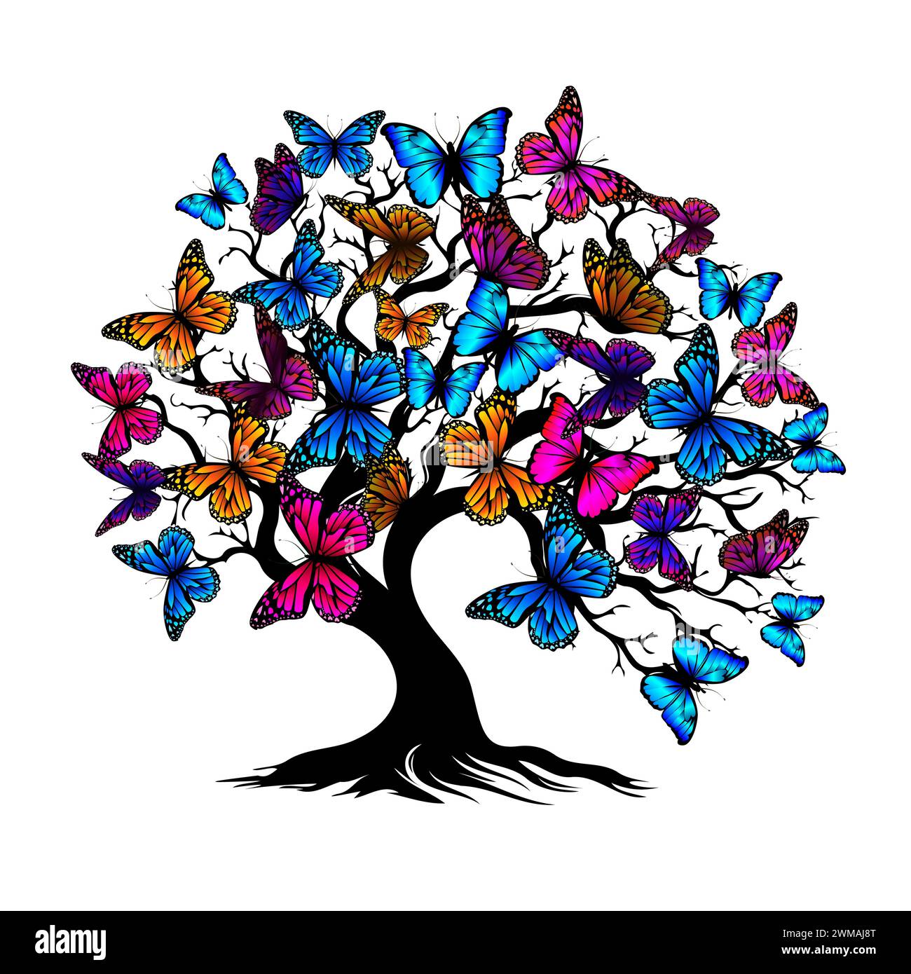 Tree with butterflies. hand drawing. Not AI, Vector illustration Stock ...