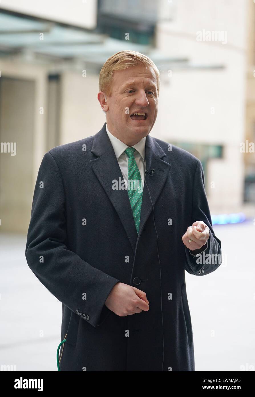 Deputy Prime Minister Oliver Dowden speaks to the media as he arrives ...