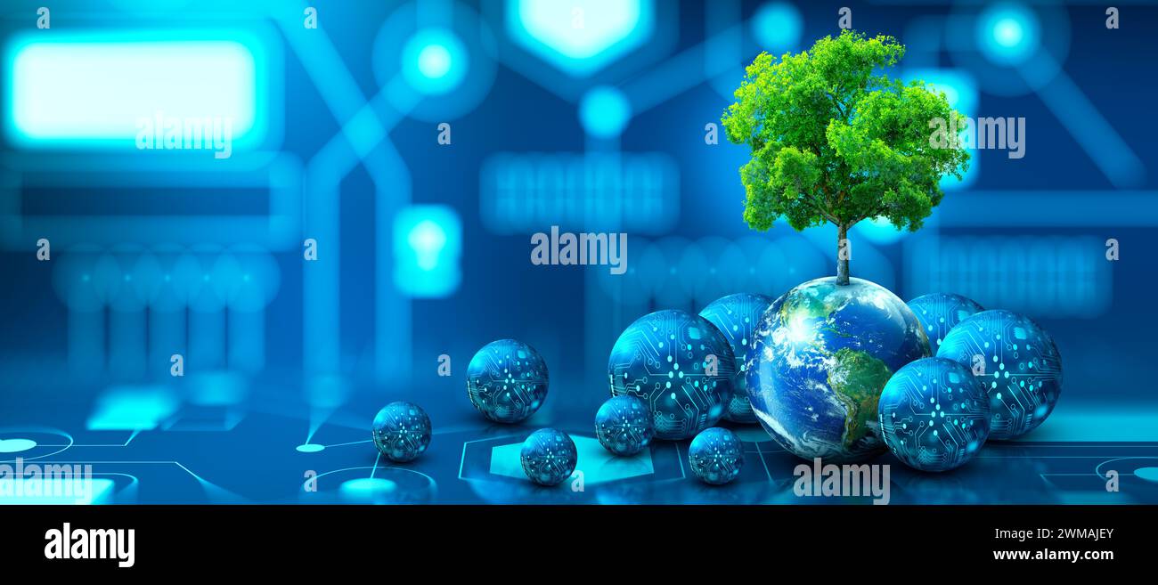 Tree growing on Earth with abstract blue background. Environmental ...