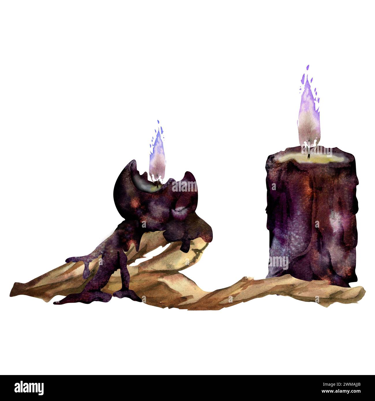 Hand drawn watercolor sea witch altar objects. Burning pillar and ball ...