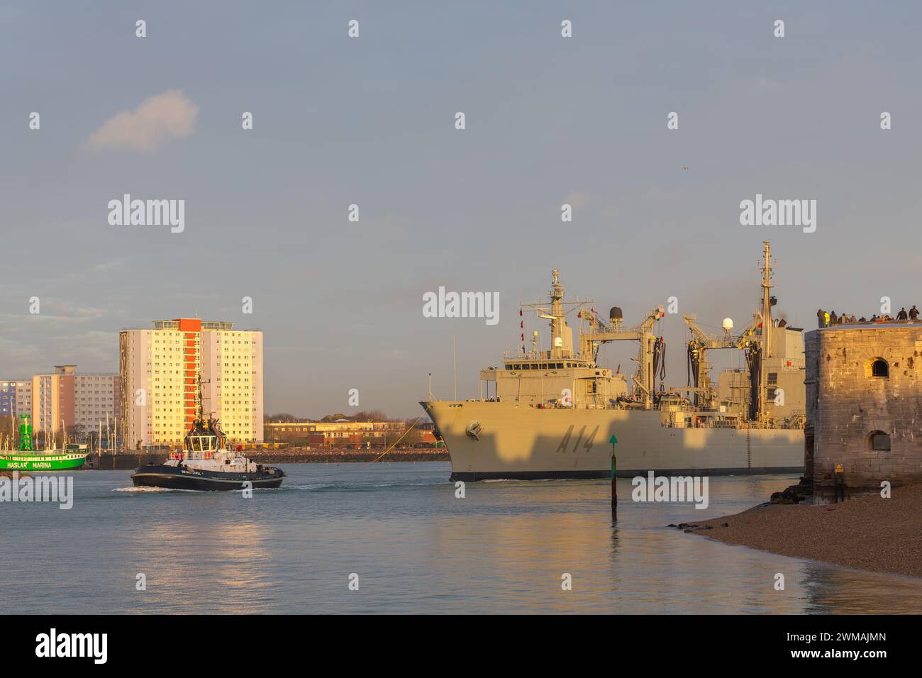 Spanish fleet support vessel ESPS A14 Patino leaving Portsmouth harbour ...