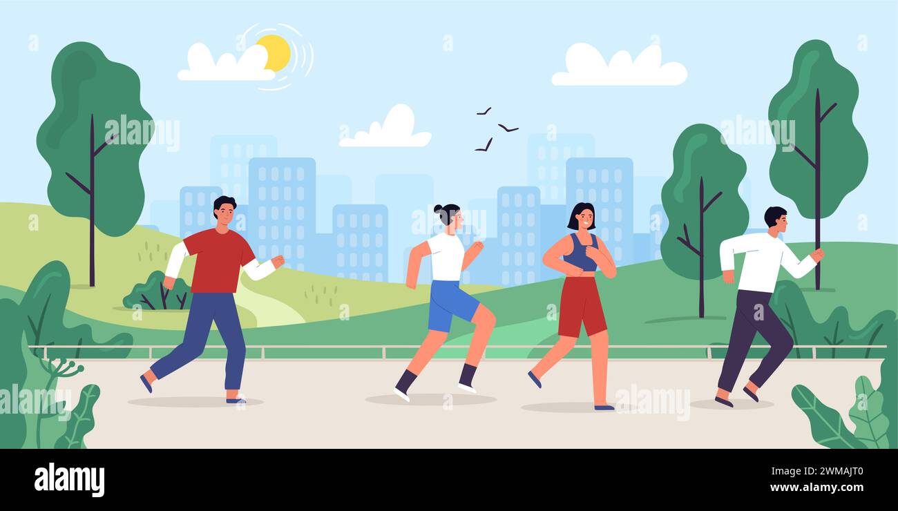 Cartoon people running race in park, summer outdoor activity concept ...