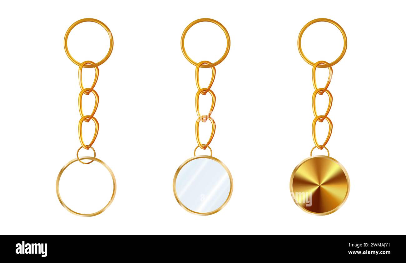 A set of gold or brass key chains in the shape of a circle. Metal key ...