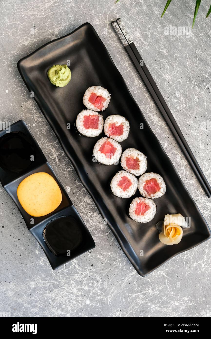 Rainbow Sushi Roll with salmon, eel, tuna, avocado, royal prawn, cream ...