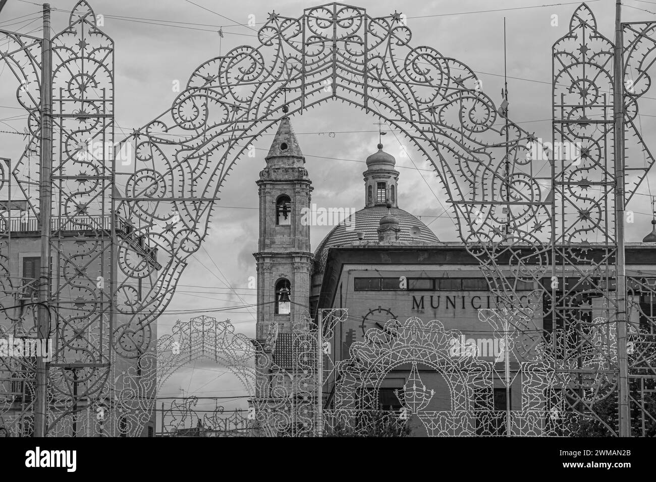 Cityscape of the medieval town of Bitetto with luminarie for patronal ...