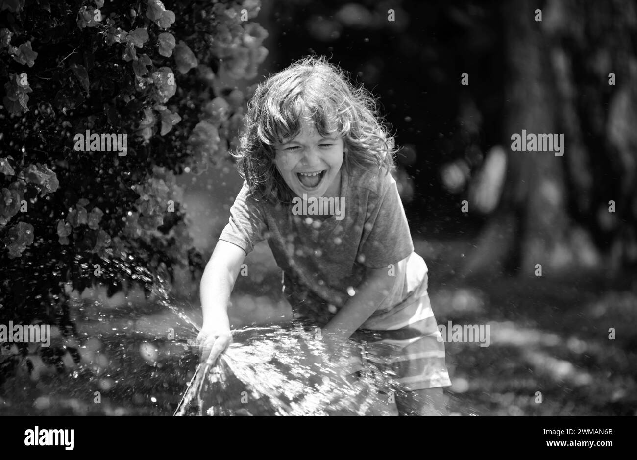 Kid have fun. Funny boy happy smiling on natural landscape. Little ...