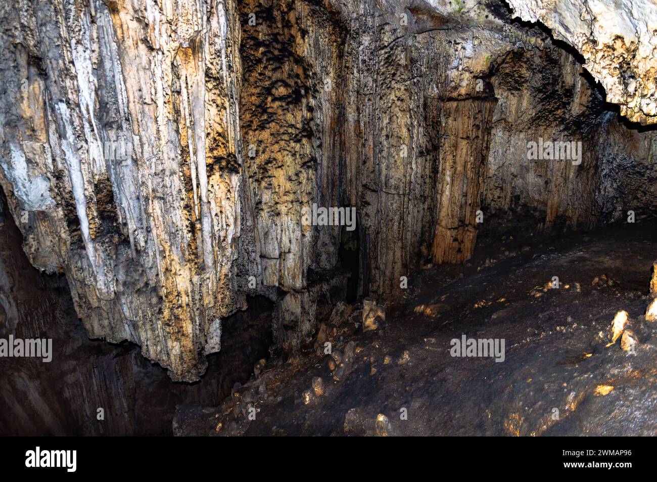 Crimea, Ukraine. Stalactites, stalagmites on the walls of the Emine ...