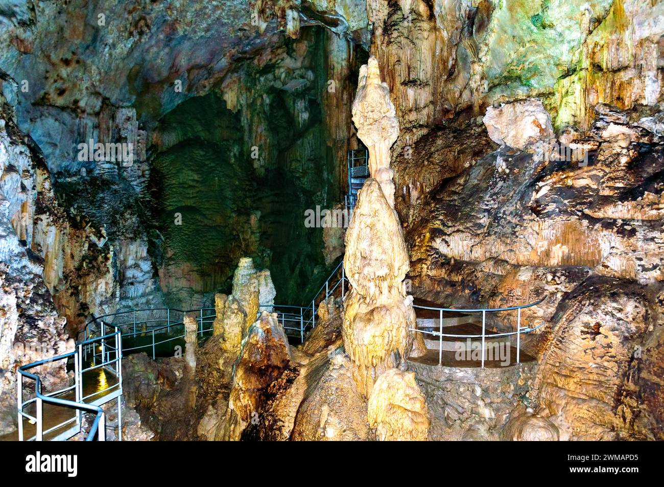 Crimea, Ukraine. Stalactites, stalagmites on the walls of the Emine ...