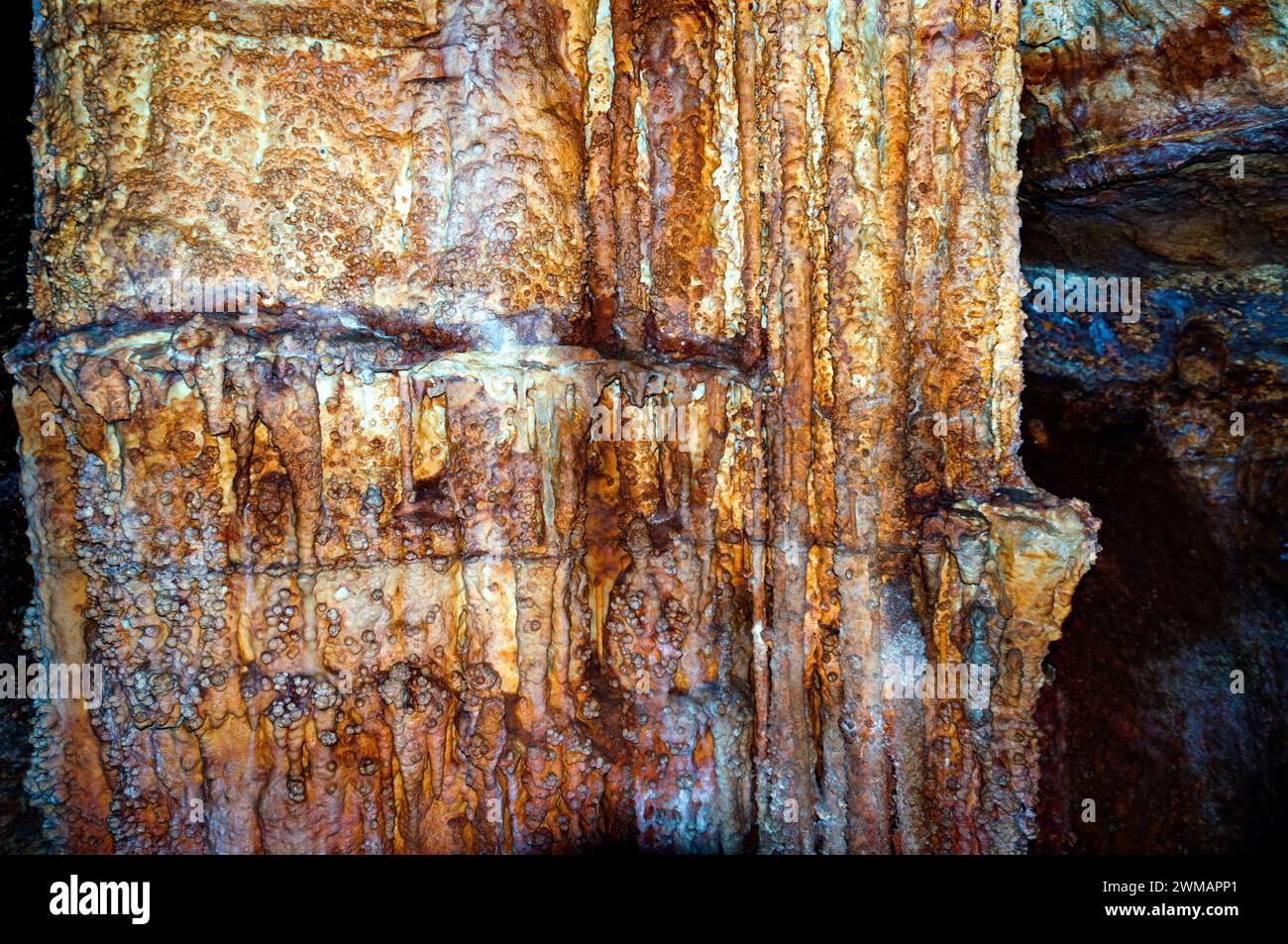 Crimea, Ukraine. Stalactites, stalagmites on the walls of the Emine ...