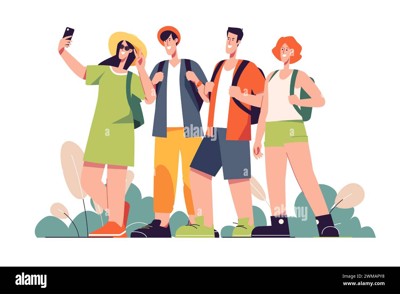 A group of happy friends tourists travelers. Vector illiustration Stock ...