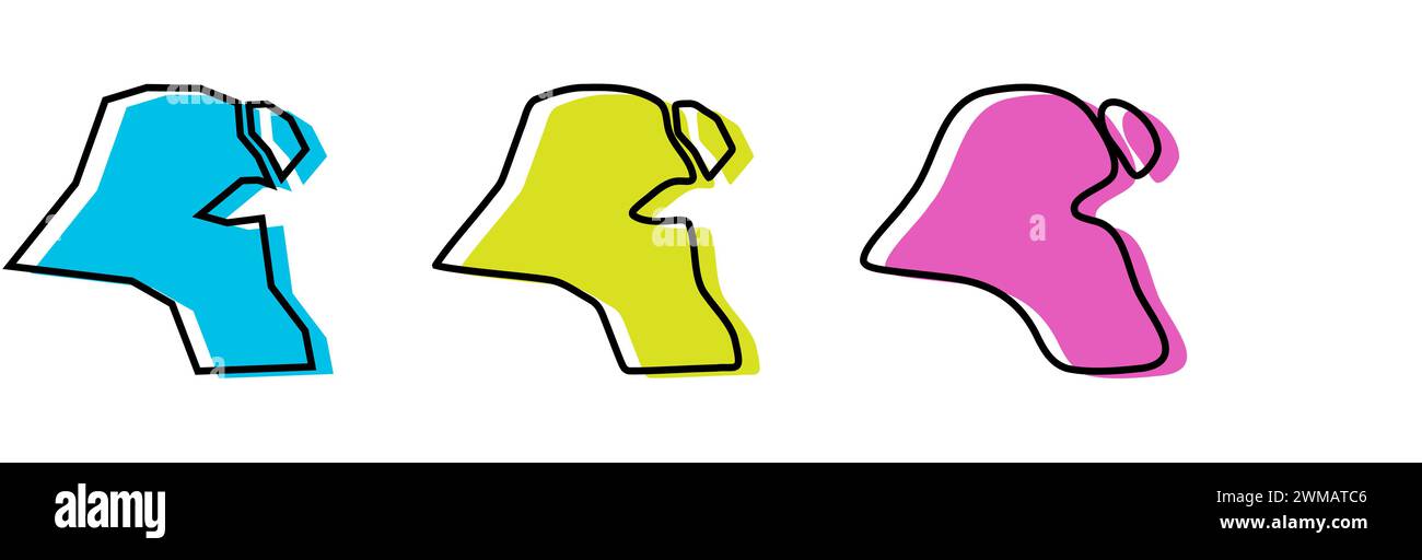 Kuwait country black outline and colored country silhouettes in three ...