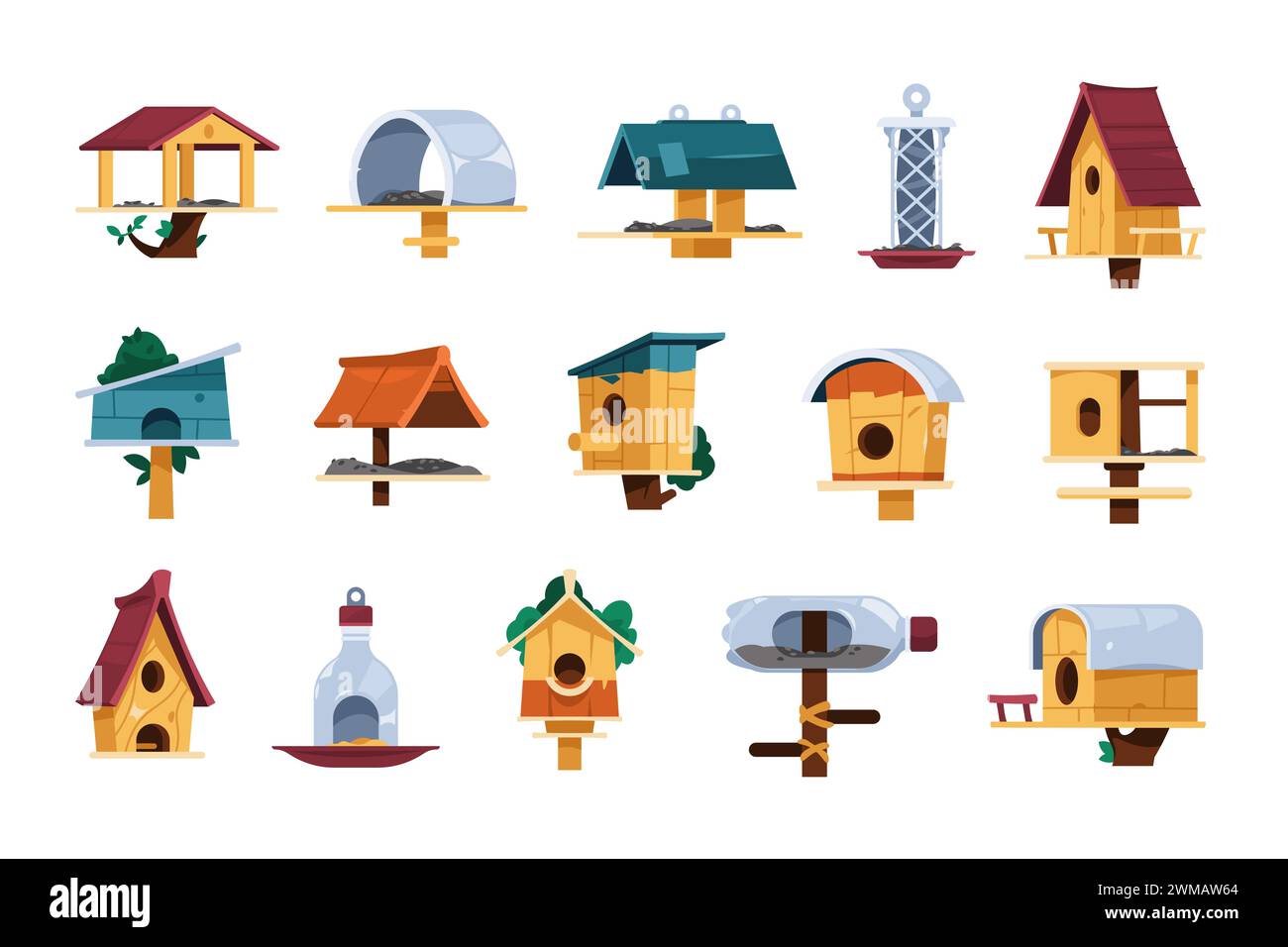 Bird feeder. Cartoon homemade wooden birdhouses, colorful DIY feaders ...