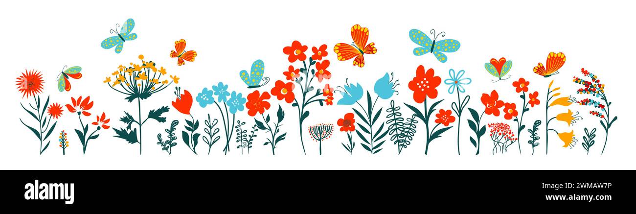 Horizontal grass headers. Cute simple flowers and butterflies in the ...