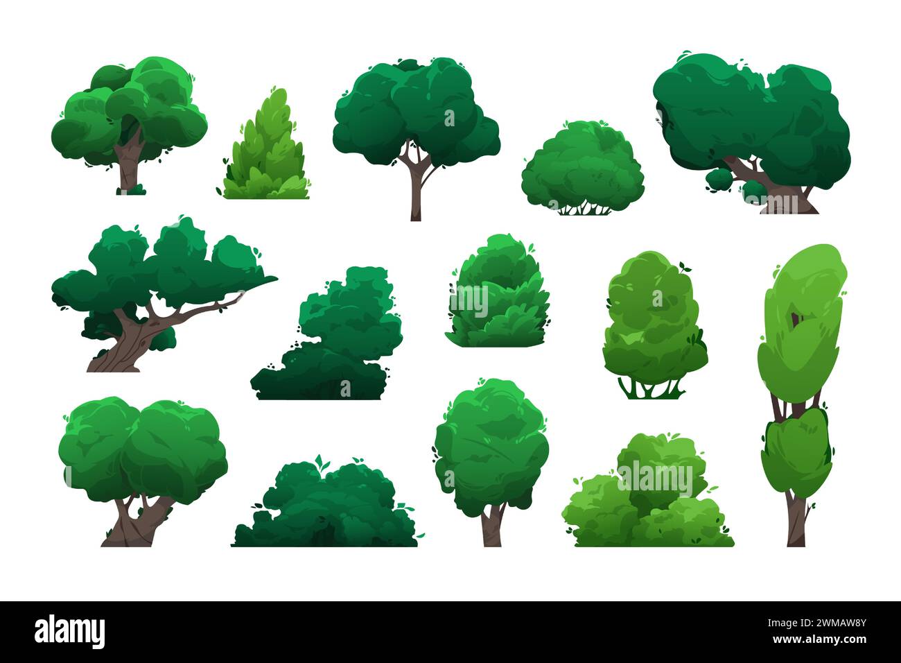 Cartoon trees and bushes. Green shrubs and deciduous trees for park landscaping, plant topiary ...