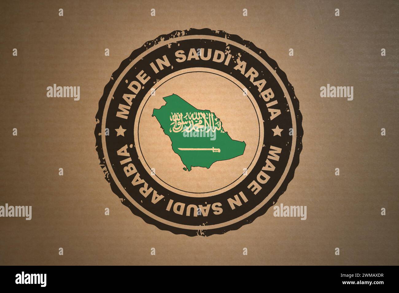 Brown paper with in its middle a retro style stamp Made in Saudi Arabia ...