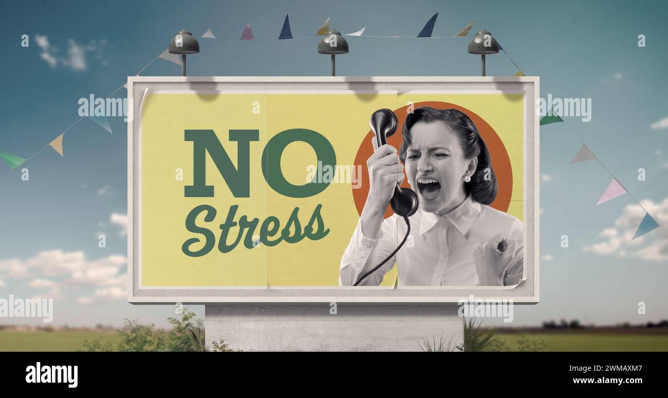 Funny motivational advertisement on billboard with angry vintage style ...