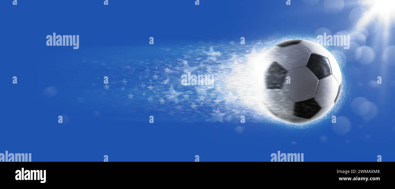 Flying football ball and stars, football championship banner Stock ...