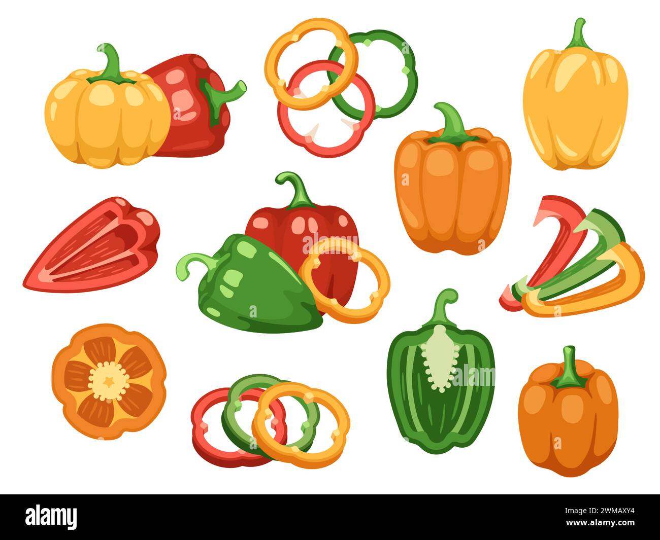 Sliced bell pepper. Fresh raw red green yellow capsicum vegetable, top ...