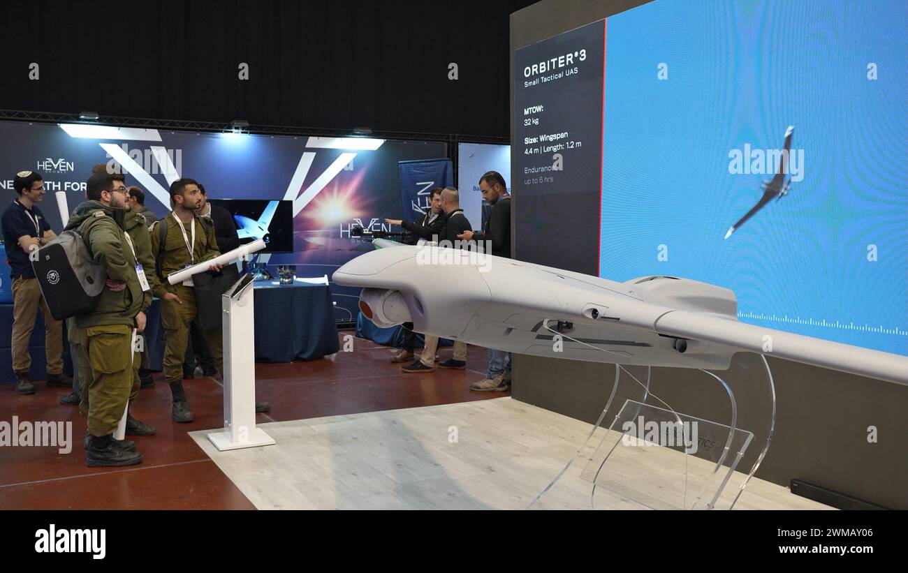 An Orbiter 3 tactical unmanned aerial system on display at the booth of ...