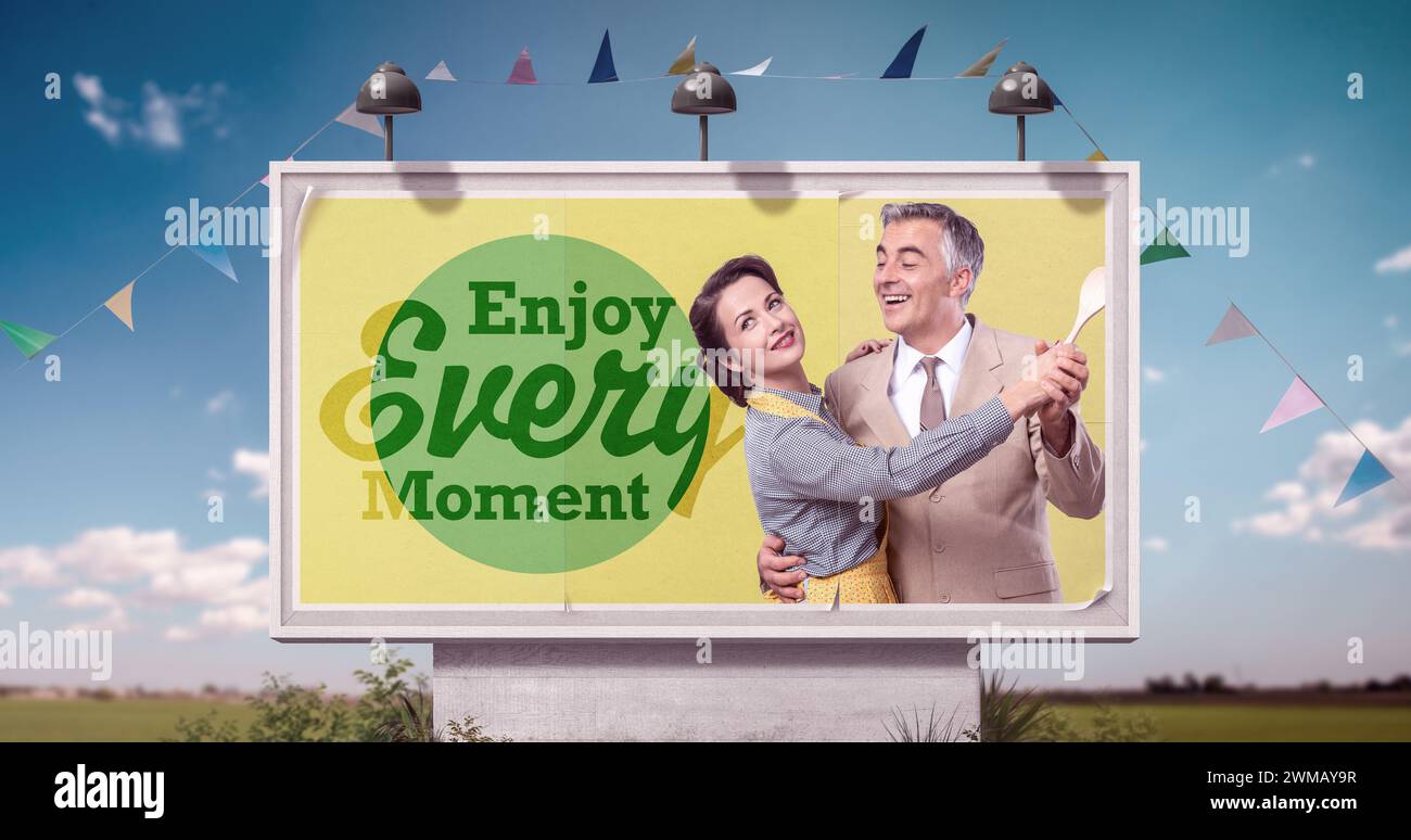 Vintage style couple dancing and inspirational quote on billboard ...