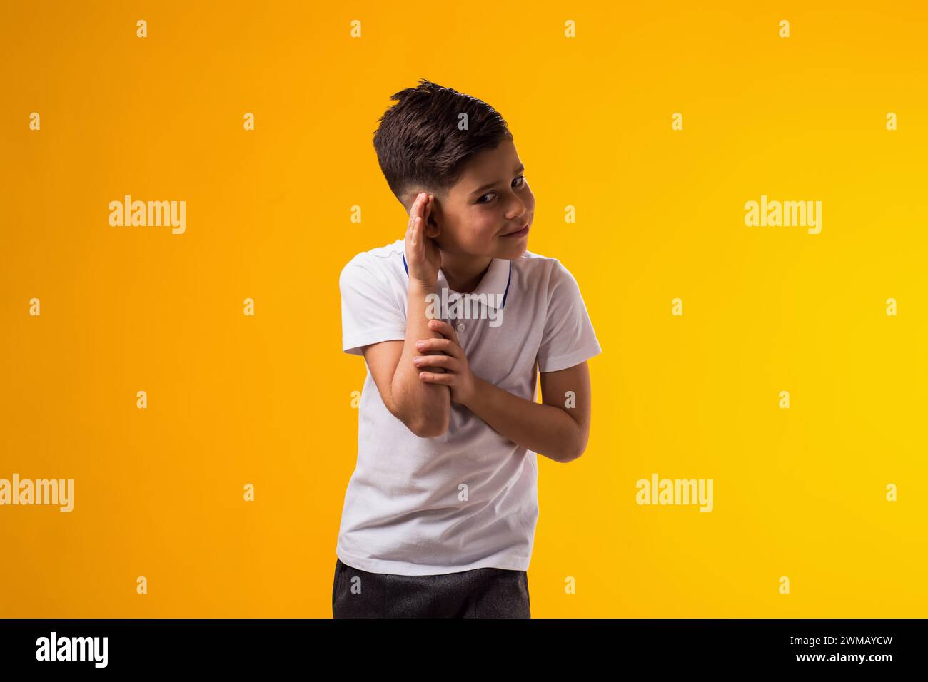 Portrait of kid boy eavesdropping, overhearing confidential secret ...