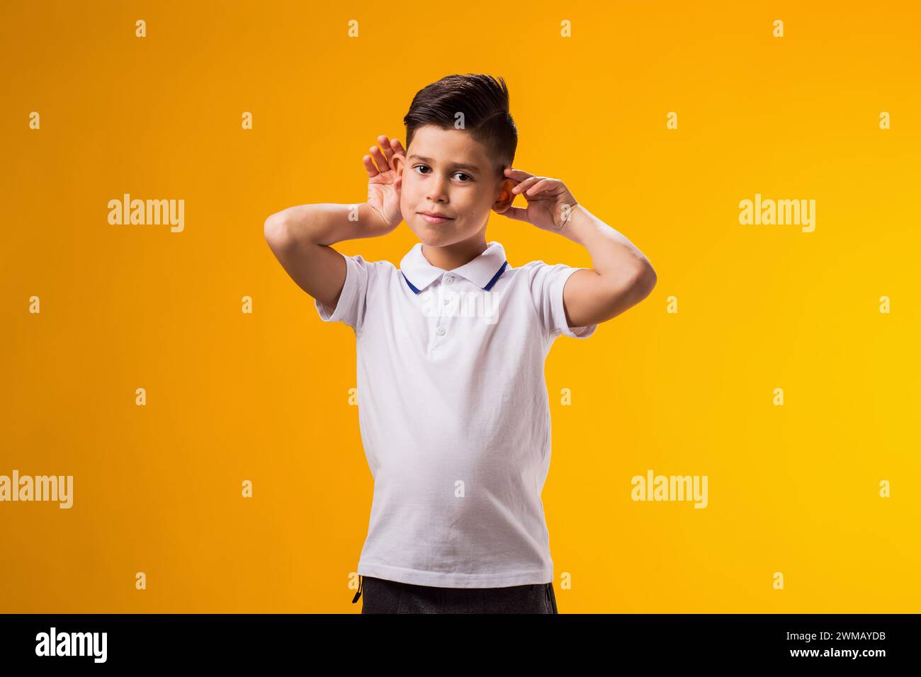 Portrait of kid boy eavesdropping, overhearing confidential secret ...