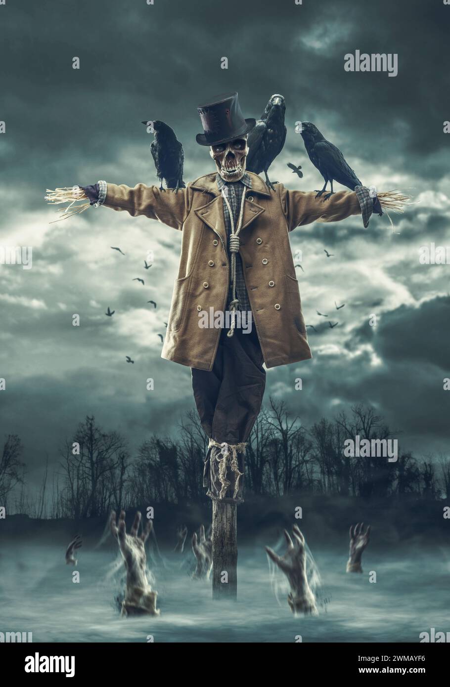 Creepy evil scarecrow with skull head and zombie hands coming out from ...