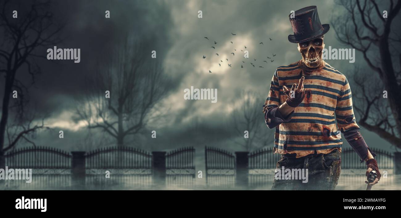 Scary evil monster standing and looking at you, dark sky and gate in ...