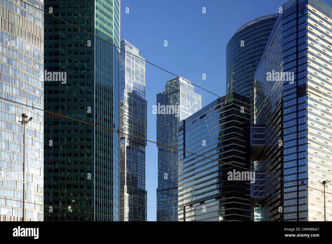 View inside dense standing high skyscraper buildings of Moscow City ...