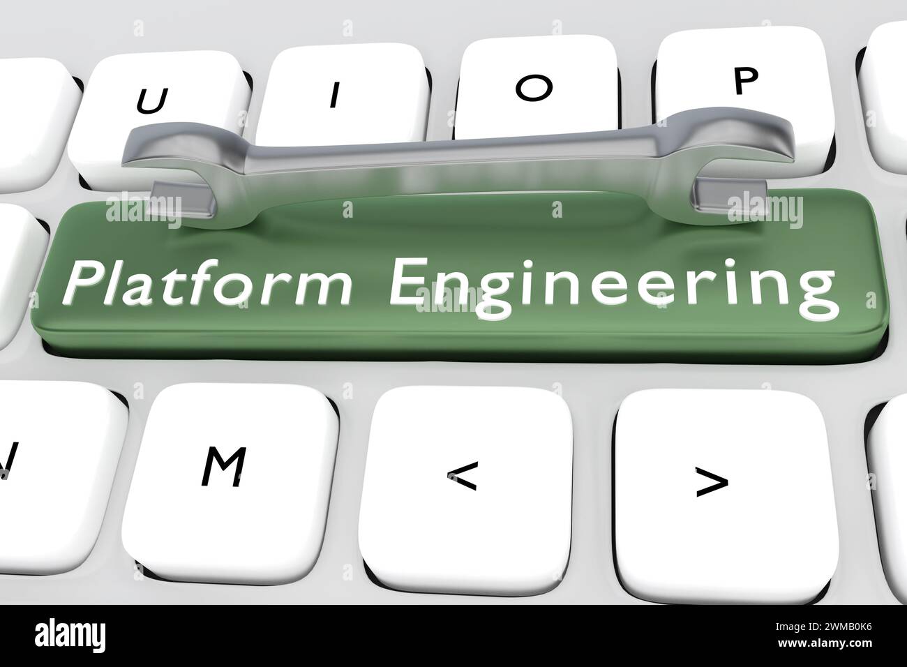 3D illustration of a symbolic wrench placed on a green pc keyboard ...