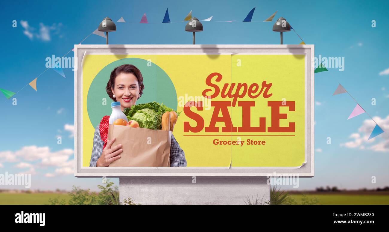 Vintage style grocery shopping advertisement on billboard with happy ...