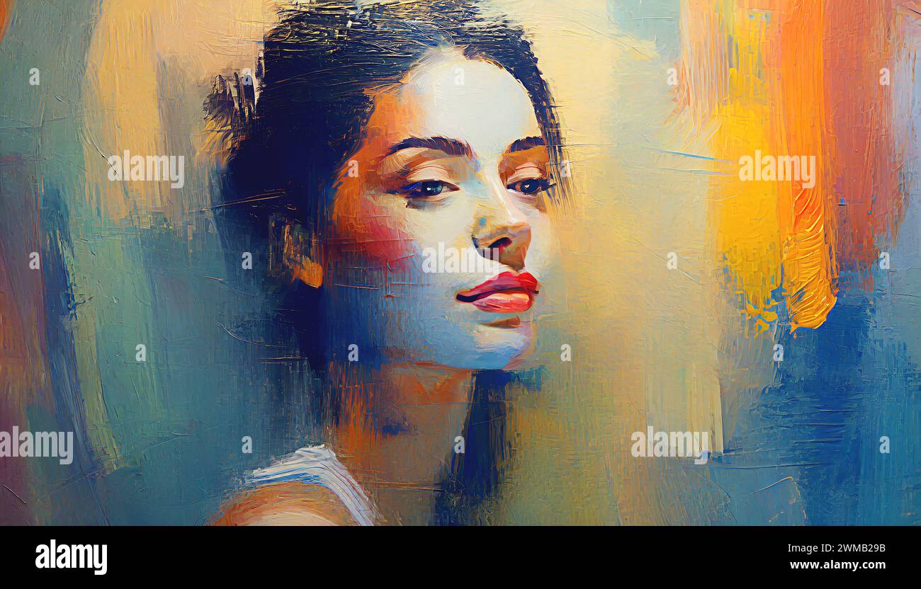 Female face coming out of thick colourful paint brush strokes Stock ...