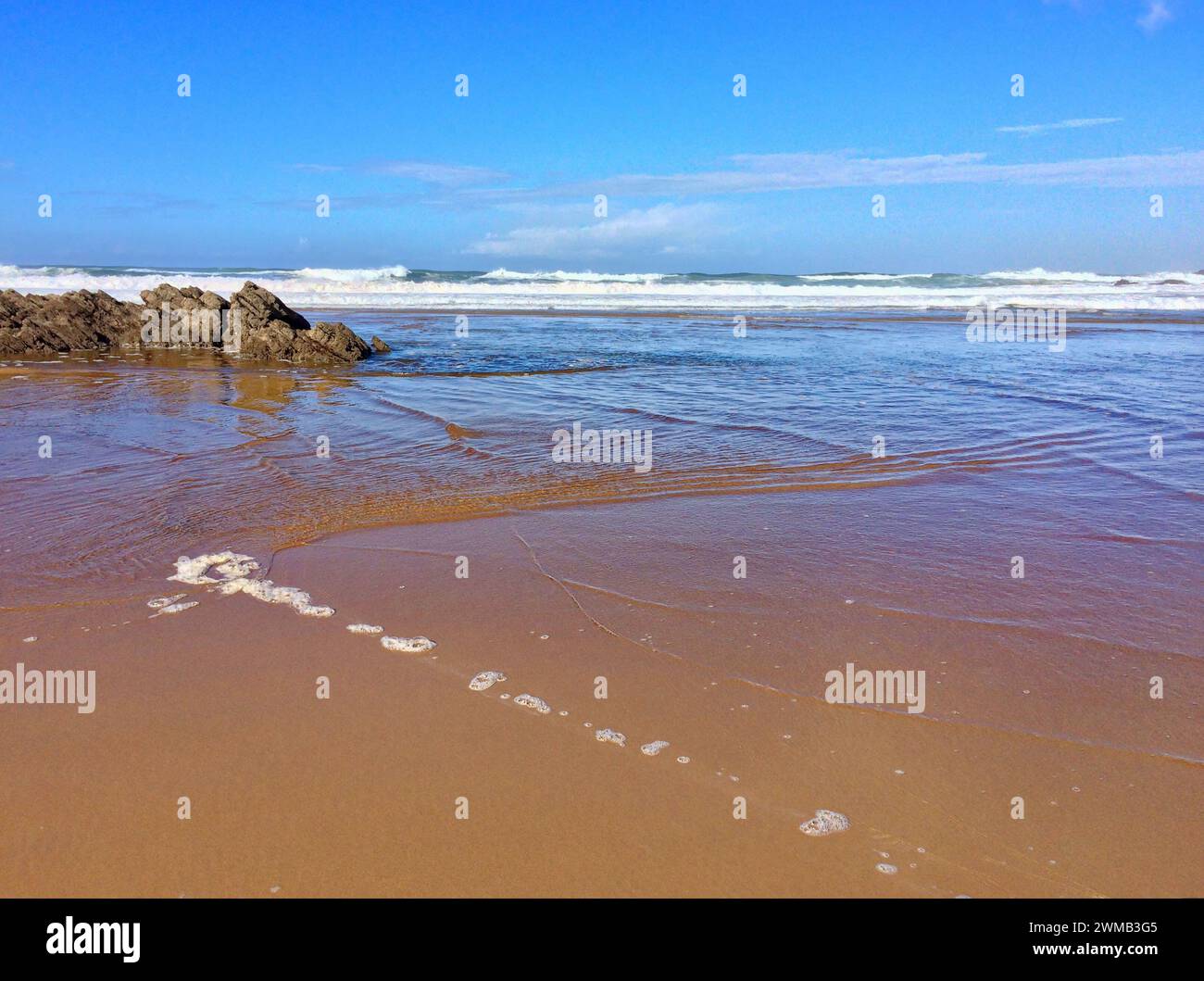 Coastal scene with wet sand reflecting the sky, white waves, and a ...