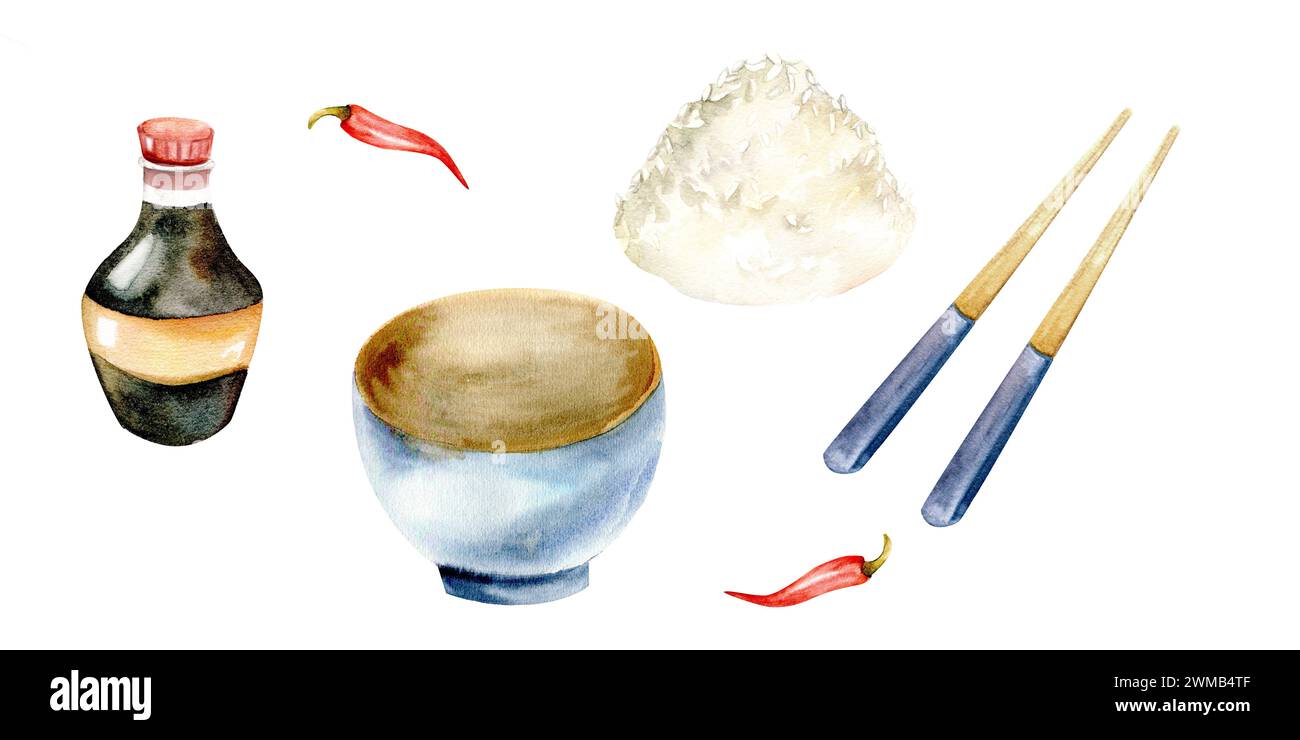 Watercolor asian traditional food set. Rice ceramic blue bowl ...