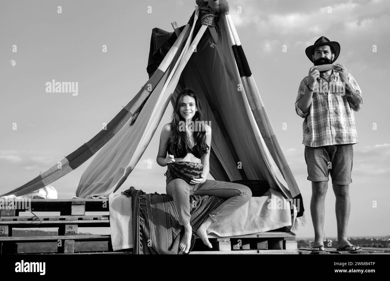 Romantic couple camping on spring landscape. Adventure for young lovers ...
