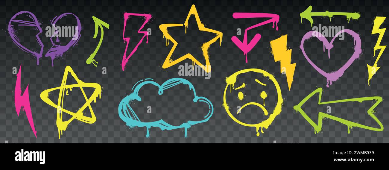 Spray paint graffiti element set of star, arrow, broken heart, cloud ...