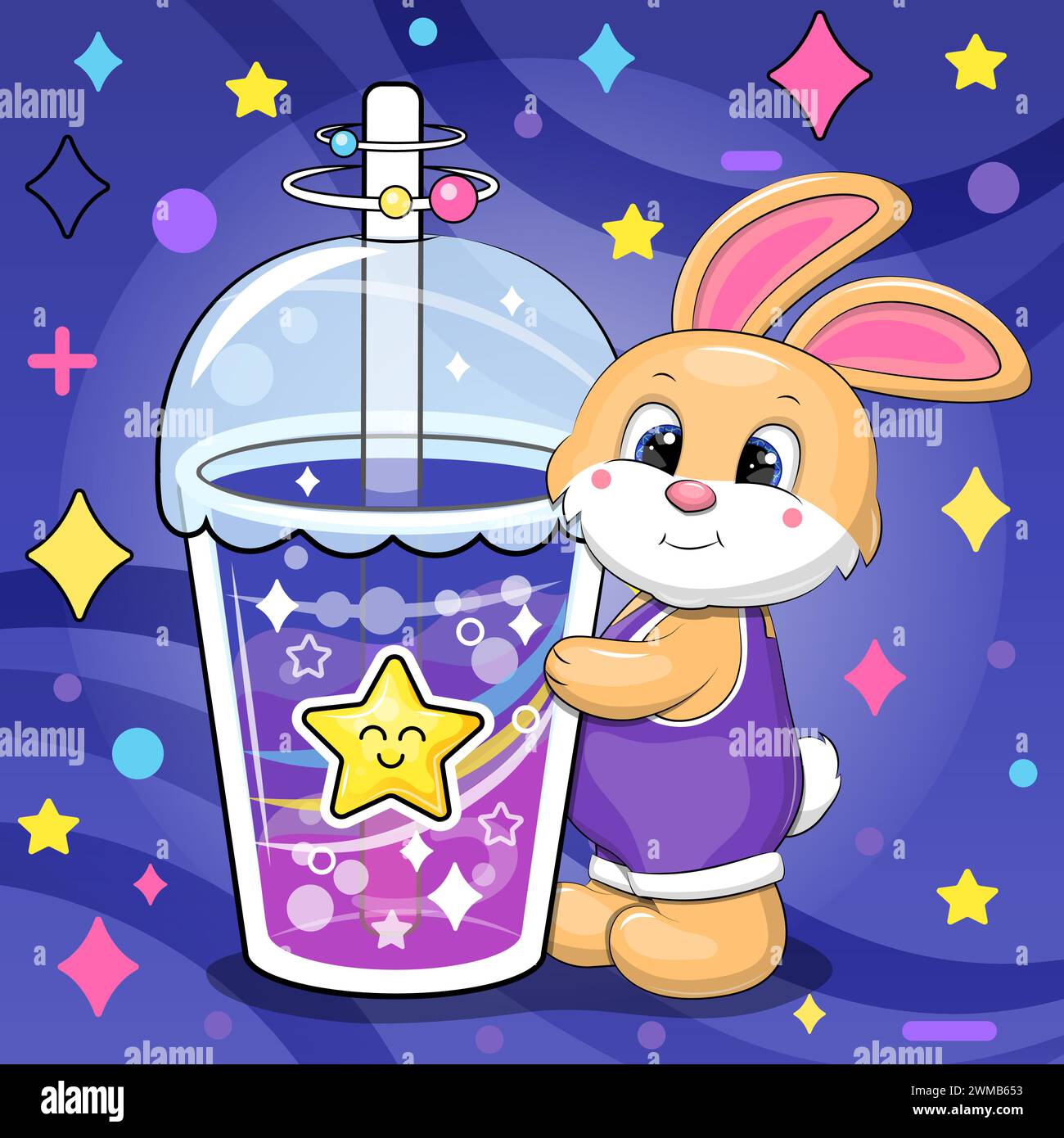 A cute cartoon rabbit is holding a big drink. Night vector illustration ...
