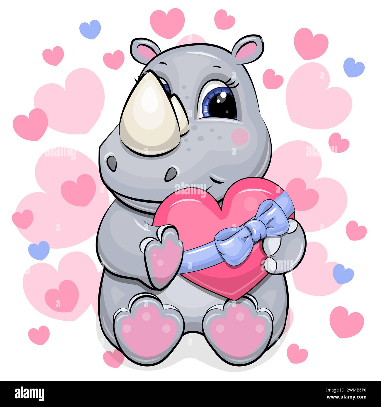 Cute cartoon rhino holding a heart with blue ribbon. Vector ...
