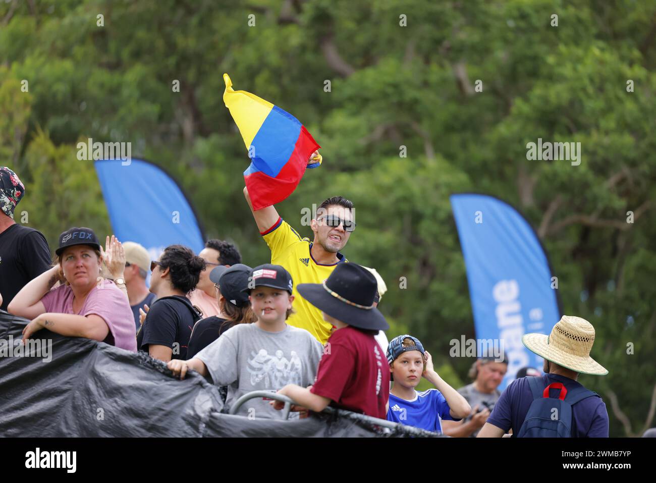Brisbane, Australia. 25th February 2024. Fans from Colombia enjoy the ...