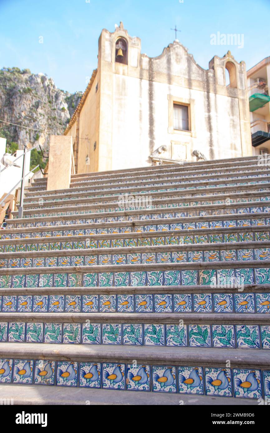 Decorated ceramic steps of staircase in Cefalu Palermo province, Sicily ...