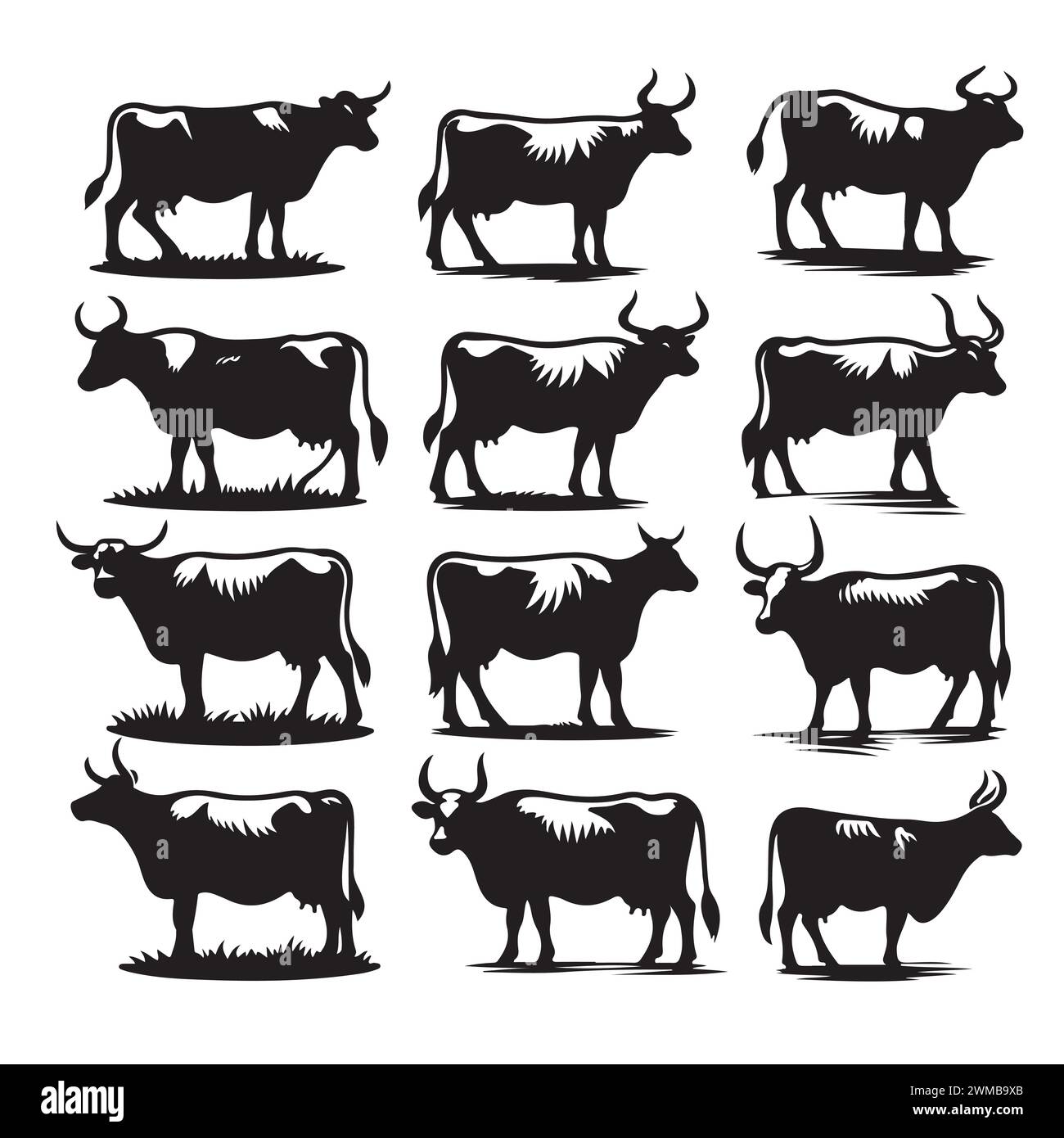 Set of cow silhouettes isolated on a white background, Vector ...